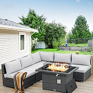 BULEXYARD Grey PE Wicker Patio Furniture Sectional Conversation Sofa Set with 43" Propane/Natural Gas Fire Pit Table, Large Size High Back Outdoor Furniture Set with Fireplace(6Pcs, Light Grey)