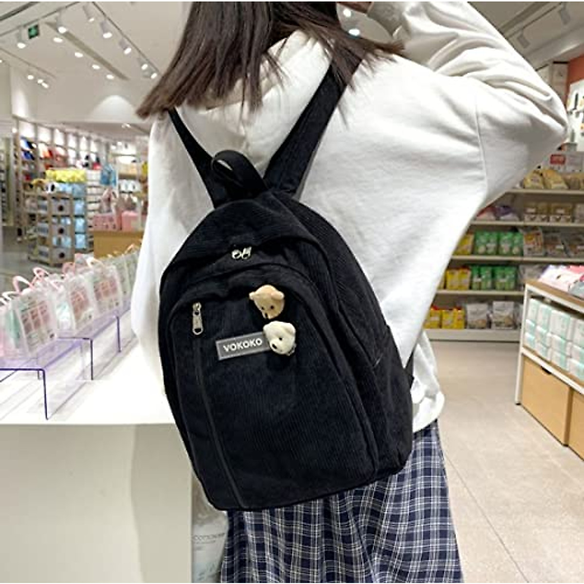 MBVBN Stripe Cute Corduroy Backpack Student Shoulder Bag with 3D Bear Pendant (Black) Medium
