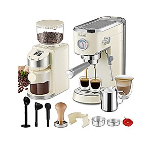 Gevi 20 Bar Compact Professional Espresso Coffee Machine with Milk Frother for Espresso, Latte and Cappuccino Burr Coffee Grinder with 35 Precise Grind Settings, Beige
