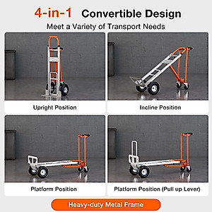 Oarlike 4-in-1 Aluminum Hand Truck, 800 lbs Capacity Heavy Duty Dolly Cart with 10" Rubber Wheels, Industrial Folding Dolly for Moving, Transport in Warehouse, Supermarket, Garden, Home