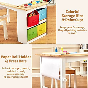 FUNLIO Wooden Kids Art Table & 2 Chairs Set (for Ages 3-8), Kids Craft Table with Large Storage & Paper Rolls, Toddler Drawing Table Solid Wood, Easy to Assemble/Clean, CPC & CE Certified