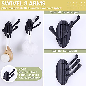 APLusee Swivel Towel Hook 2 PCS Matte Black, Metal 3 Arms Folding Robe Coat Hook, Flexible Storage Clothes Holder for Bathroom Home RV, Wall Mount