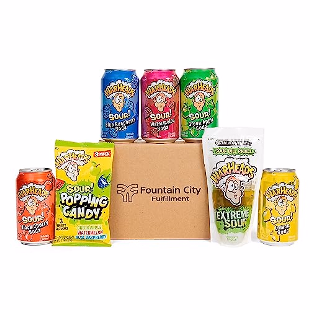 Fountain City Fulfillment Warheads Soda & Candy Variety Pack - Party Box With Black Cherry, Blue Raspberry, Watermelon, Green Apple & Lemon Drinks, Sour Dill Pickle & Popping Candy - 12oz Cans, 5 Pack