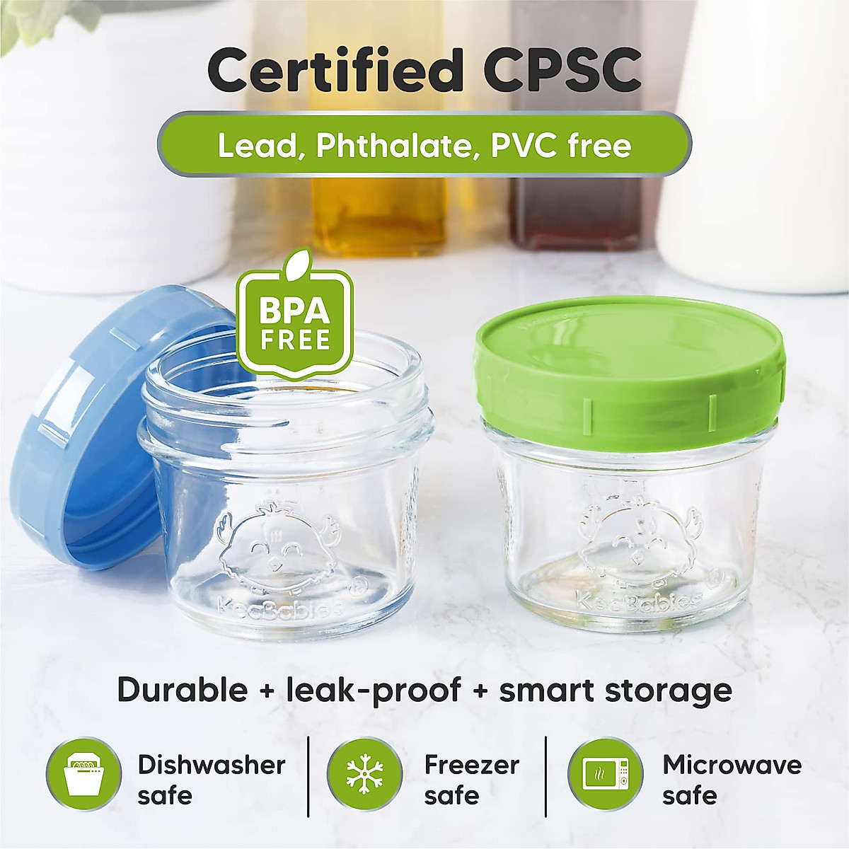 Keababies 12-Pack Baby Food Glass Containers and Silicone Baby Food Freezer Tray with Clip-on Lid - 4 oz Leak-Proof, Microwavable, Baby Food Storage Container - Baby Food Silicone Freezer Molds