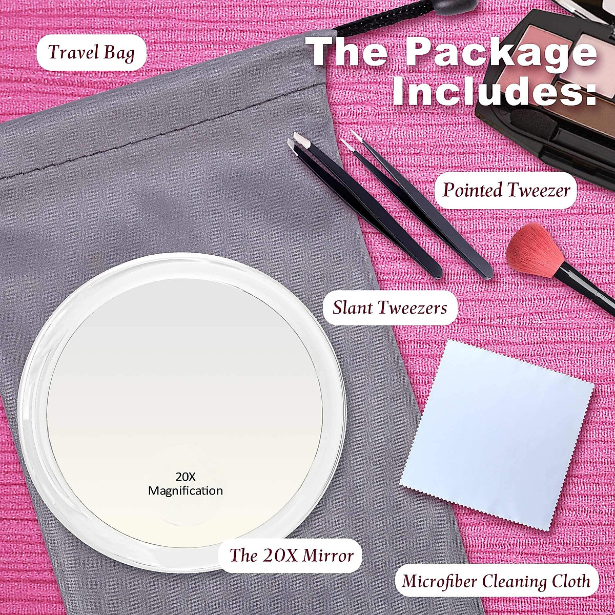 MIYADIVA 20x Magnifying Mirror with Suction Cup and Eyebrow Tweezers Kit for Women, Hair Removal Tweezers Travel Set Including High Magnification Magnified Mirror，5 Inch