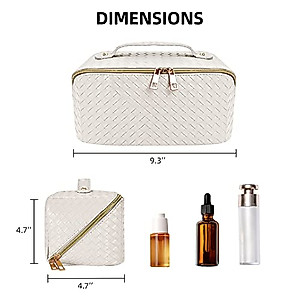 Travel Makeup Bag Large Capacity Travel Cosmetic Bags for Women Waterproof Lay Flat Leather Makeup Bag with Divider and Handle Makeup Organizer Bags Travelling Cosmetic Pouch Skincare Bag,White