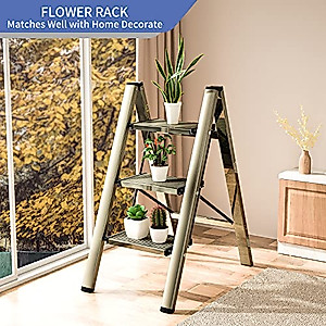 3 Step Ladder, Aluminum Folding Step Stool with Wide Anti-Slip Sturdy Pedal, Portable Lightweight Step Stool Multi-Use for Kitchen Household and Office, Gold, 330 LBS