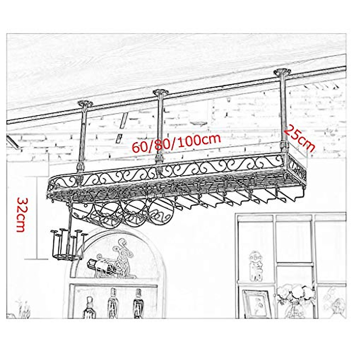 Creative Simplicity Glass Creative Simplicity Wine Rack European Style Creative Simplicity Wine Rack Creative Simplicity Wine Red Tumbler Hanging Bar Drink Holder, PIBM, Black, L100*W25CM