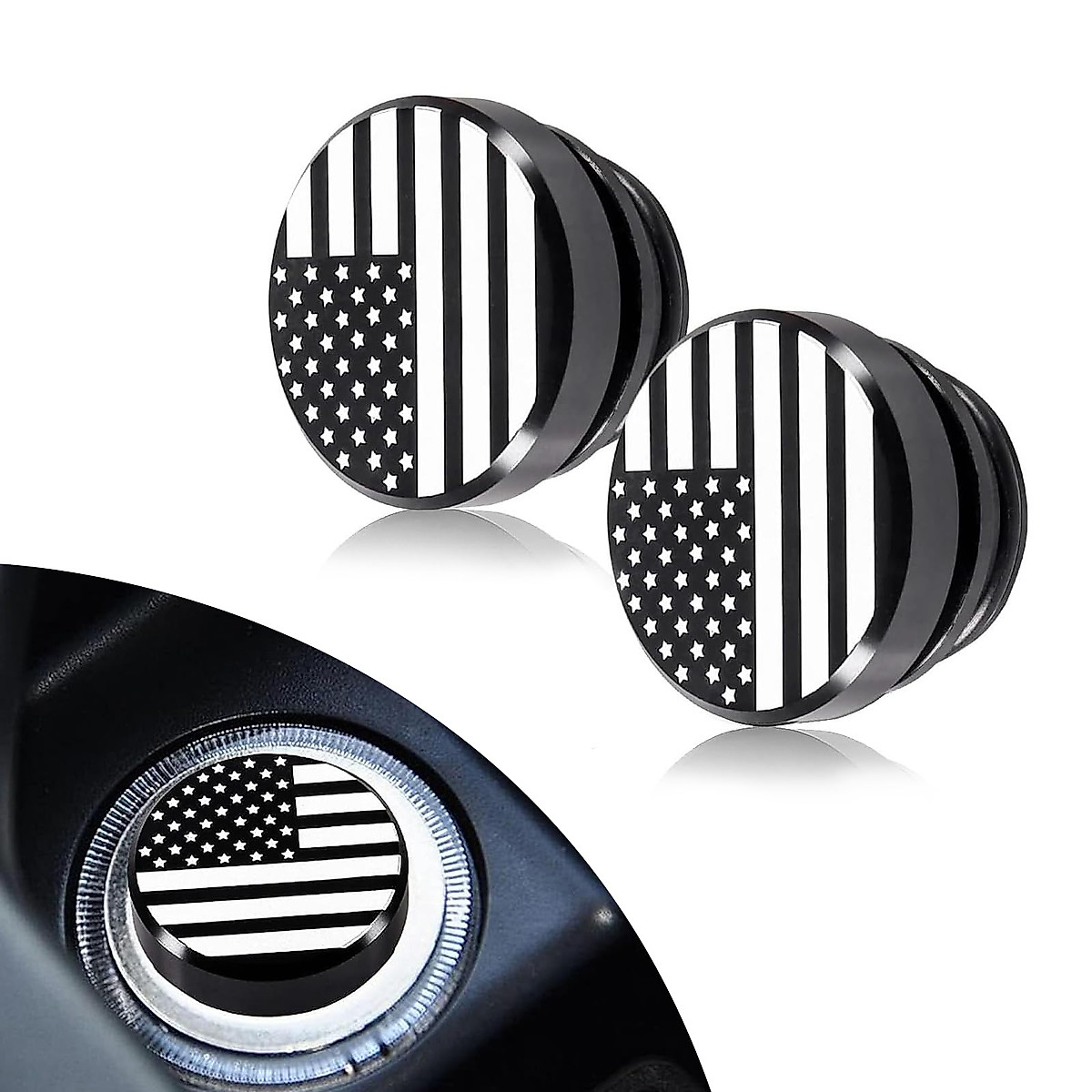 QODOLSI 2 PCS Car Car Lighters Plug Cover, Metal Dustproof Car Lighters Plug Button Cover Replacement Accessories, Universal Car Lighters Cover Decorations (Black #American Flag)