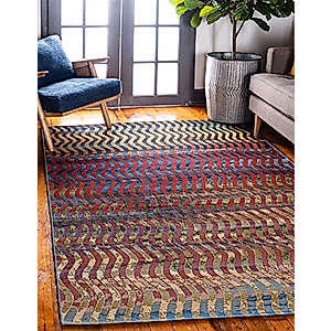 Unique Loom Outdoor Modern Collection Area Rug - Wavy (5' 3" x 8' Rectangle, Multi/ Beige)