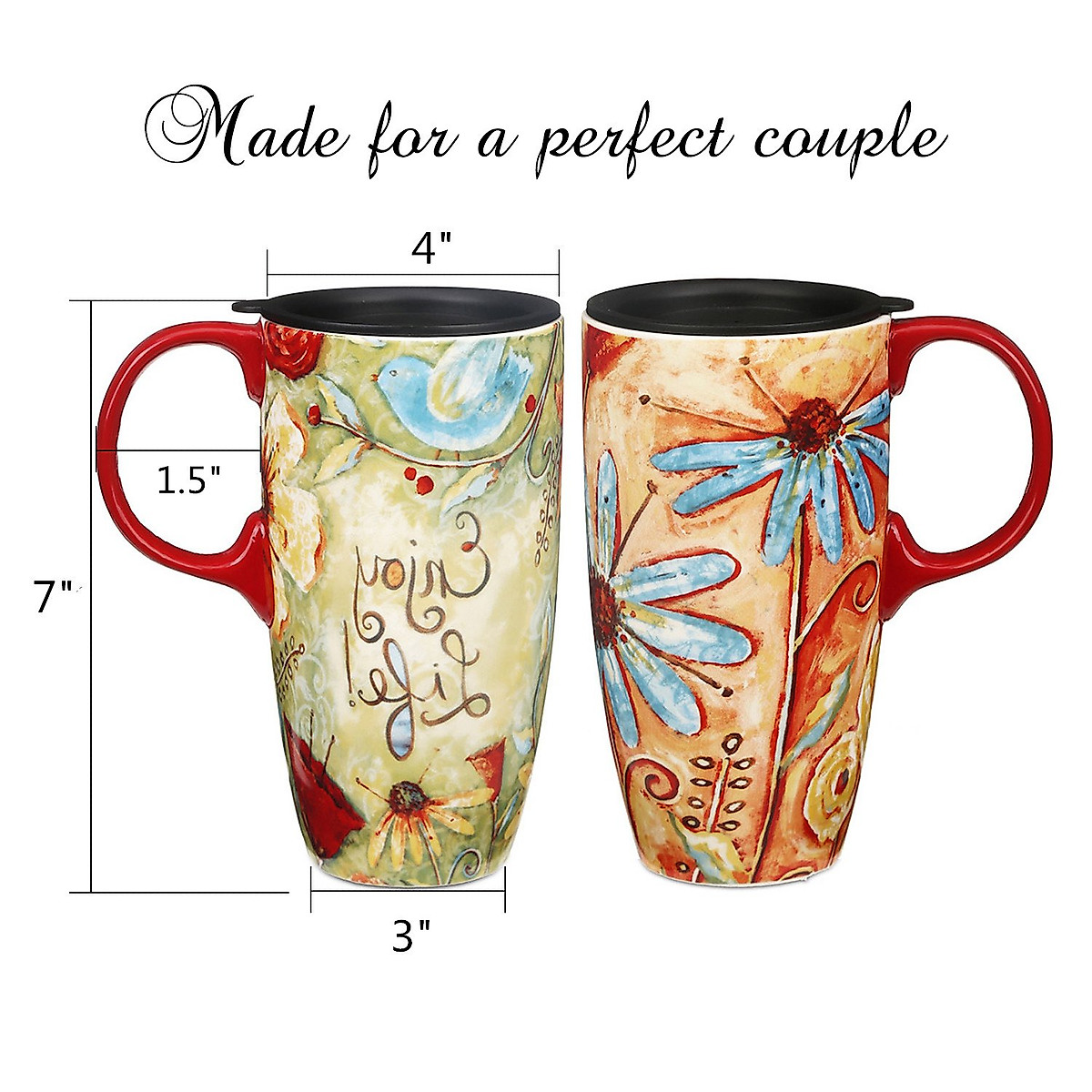CEDAR HOME Travel Coffee Ceramic Mug Porcelain Latte Tea Cup With Lid in Box 17oz., Flower Enjoy Life, 2 Pack