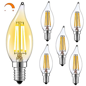 LONIUTO LED Light Bulbs 60 Watt Equivalent, Vintage LED Flame Tip Candelabra Bulb, E12 LED Bulb Dimmable 2700K Soft Warm White, E12 LED Bulb Clear Glass, for Chandeliers, Ceiling Fan, Pendant, 6 Pack