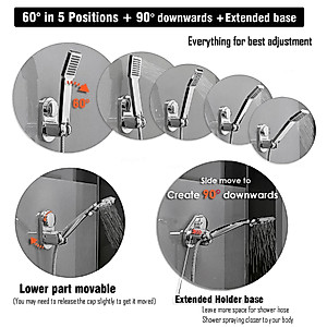 Wall Mount Handheld Shower Head Holder - 5 Positions Adjustable + 90° downwards - Large Shower Sprayer Fits - Suction Assisted Adhesive - Wide Slot - No Drill Installation - All Chrome Finish