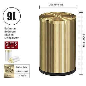 LEASYLIFE Antique Gold Trash can,Gold Bathroom Trash can with lid，Small Trash Can with Flipping Lid, 2.4gallon,Gold Garbage can for Bathroom,Laundry，Hotel，Office， Laundry Room ，Metallic Gold (Single)