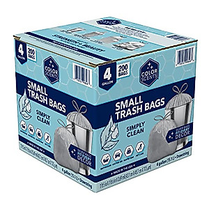 Color Scents Small Trash Bags - 4 Gallon, 200 Total Bags (1 Pack of 200 Count), Drawstring - Silver bag in Linen Fresh Scent