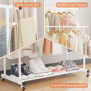Calmootey Double Rod Clothing Garment Rack,Rolling Hanging Clothes Rack,Portable Clothes Organizer for Bedroom,Living Room,Clothing Store,White