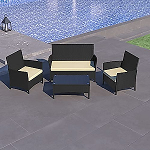 IDS Online MLM-17240 1 Loveseat 2 Single Chairs Cushion, Leisure Glass Top Coffee Table for Garden Lawn Poolside Backyard 4 Piece Rattan Pattio Outdoor Furniture Wicker Conversation Set, Black-White