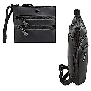 Cochoa Small Triple Zip Real Leather Women's Crossbody- Premium Vintage Crossover Shoulder Sling Bag (8" x 7" x 1.5", Black Crazy Horse)