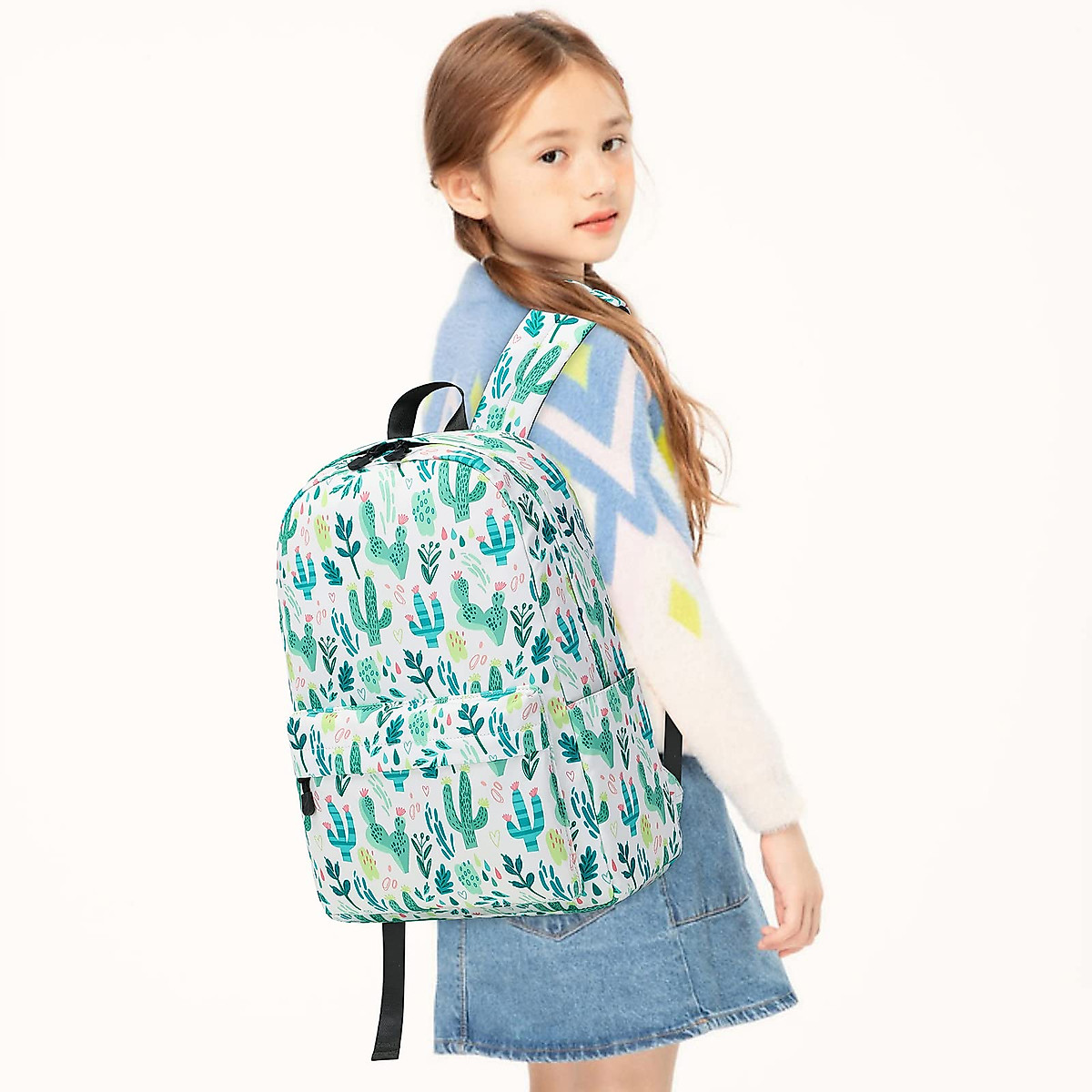 MIRLEWAIY 15.7 inch Kids Travel Backpack for School Girls Elementary, Cactus