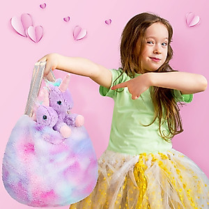 4 Pieces Unicorn Toys for Girls Plush Stuffed Unicorn Toys, XL Furry Bag and Doll Blanket, Adorable Plush Stuffed Animal Toy for Birthday Party Favors (Purple)