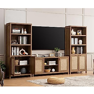 SICOTAS Rattan TV Stand for 65 Inch TV: 26" Tall TV Console with Storage Cabinet and Adjustable Shelf, 59" Boho Entertainment Center, Media Console, Modern Wood TV Stands for Living Room, Bedroom, Oak