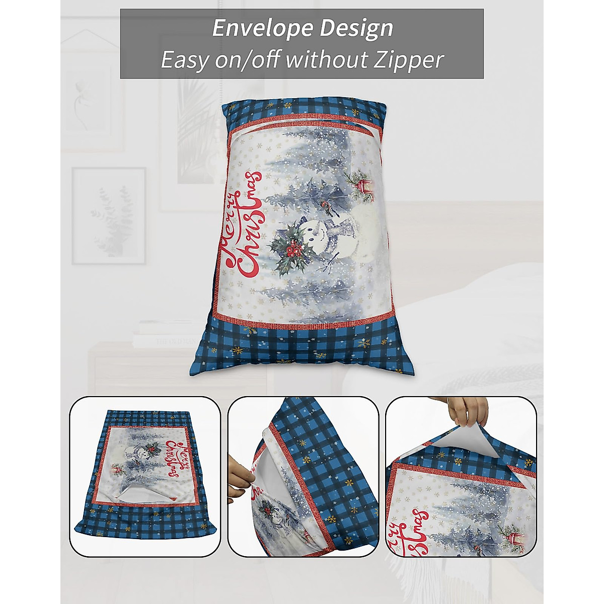 Christmas Plaid Snowman Pillow Covers King Standard Set of 2 20x36 Bed Pillow, Plush Soft Comfort for Hair/ Skin Cooling Pillowcases with Envelop Closure Throw Covers Buffalo Snowflake Snow Tree