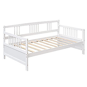 Wooden Daybed Frame Twin Size, Multifunctional Full Wooden Slats Support Sofa Bed, for Bedroom Living Room for Kids Adults, White