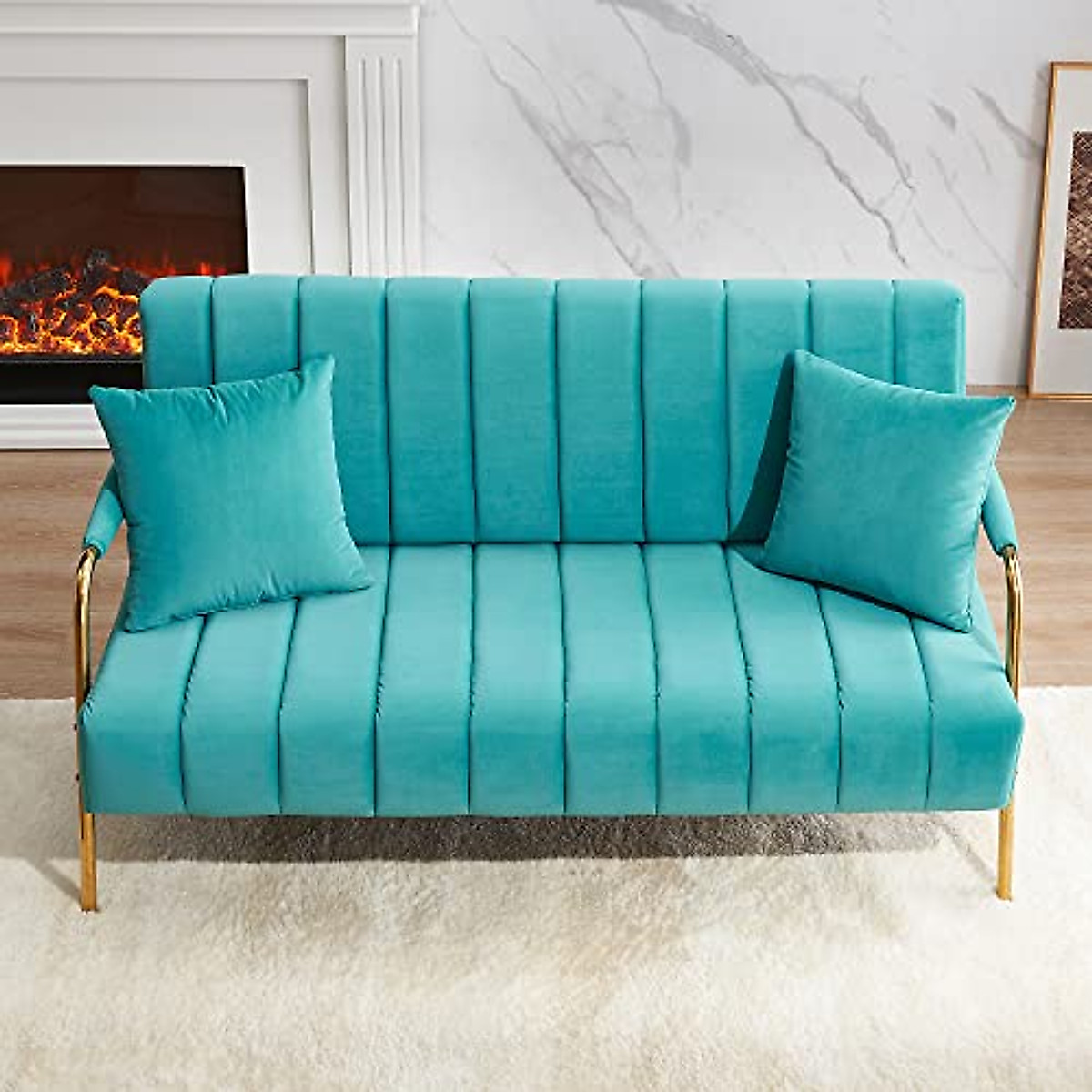 Yoluckea Cashmere Loveseat Chair Modern Loveseat Sofa with Gold-Finished Metal Legs Comfortable Sofa Couch Accent Sofa with 2 Small Pillows for Living Room Bedroom Load 500 Pounds (Blue)