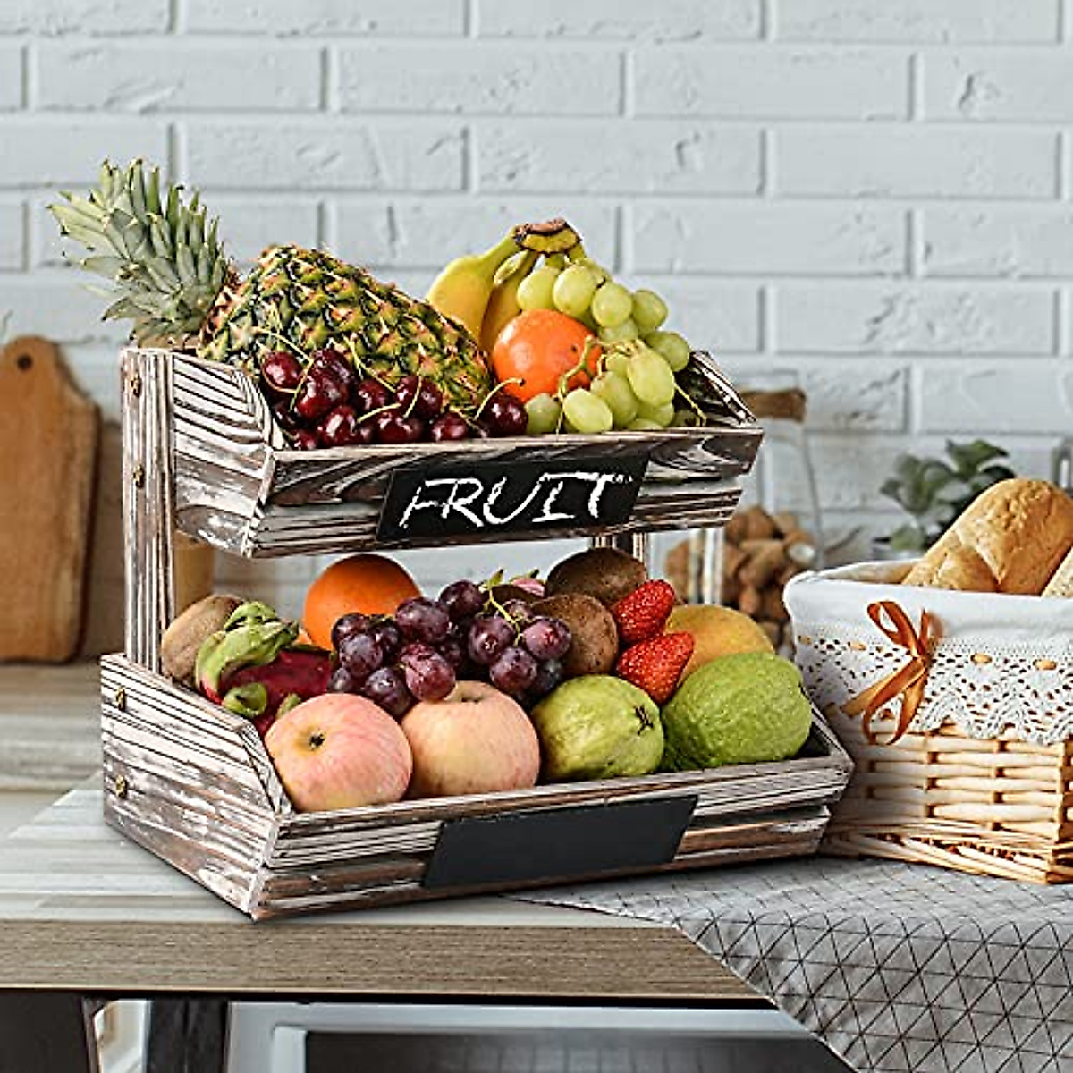 Rustic Fruit Basket Holder, 2 Tier Wood Fruit Stand with Chalkboards, Countertop Fruit and Vegetable Storage for Farmhouse Kitchen, Wooden Fruit Bowl for Vegetable Bread Snacks