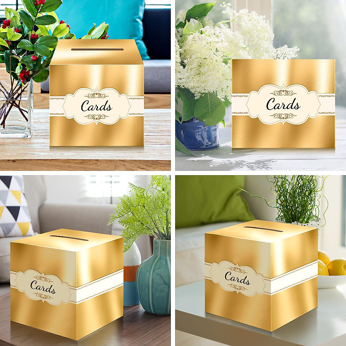 JC HUMMINGBIRD Cards Ribbon Sign Gold Shiny Metallic 10” In. x 10” In. Foldable Box with Slit, Weddings, Birthday, Donations, Gift Cards, Celebratory Cards, Devotionals