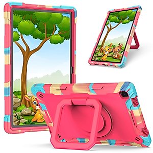 TDA Trading Case for Samsung Galaxy Tab A7 10.4" 2020 (SM-T500/ SM-T503/ SM-T505/ SM-T507) - Hybrid Shockproof 360 Rotating Multi-Functional Ring Stand Case with Shoulder Straps (Multicolor/Pink)