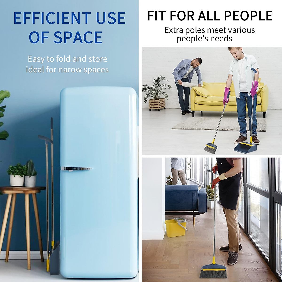 Broom and Dustpan Set,2 in 1 Broom Brush with Dustpan Combo Set, Upright 180°Rotating Broom with Long Handle and Lightwight Dust Pans for Home Kitchen Room Office Lobby Floor Cleaning，Blue