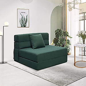 ANONER Memory Foam Fold Out Sofa Bed Couch with Pillow Twin Size Futon Sleeper Chair for Living Room Apartment, Dark Green