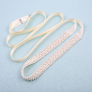 Fubney Crystal Bridal Belt Handmade Pearls Wedding Sash Belts Bridesmaid Sash for Women's Dress (ivory)