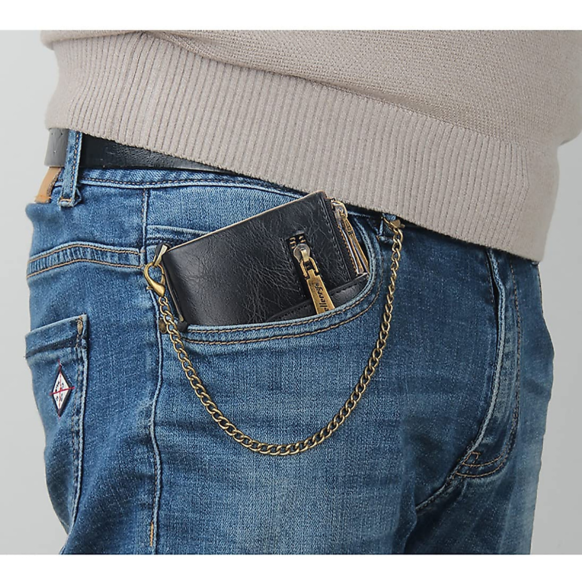 Mens Wallet with Chain PU Faux Leather Bifold Wallet for Men Double Zipper Coin Pocket Purse Double Anti-Theft, Black