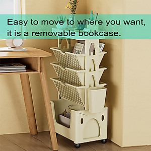 APBATS 5 Tier Removable Movable Bookshelf, Mobile Unique Bookcase, Utility Organizer Khaki Bookshelves with Wheels for Children Students Study in Bedroom Living Room Home School, Big-double-sided