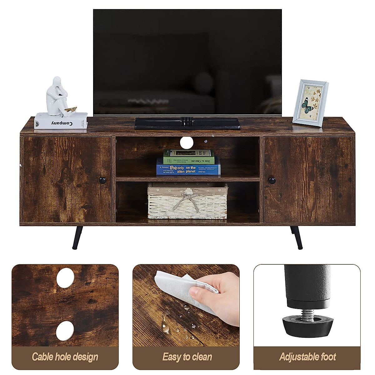CLIPOP Mid Century Modern TV Console, 55" TV Stand for 65 Inch TVs, Wooden Entertainment Center with Storage, Open Shelf, Metal Leg for Living Room, Bedroom TV Cabinet for Flat Screens, Rustic Brown