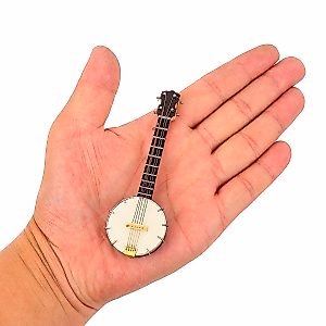 Dselvgvu Wooden Miniature Banjo with Stand and Case Mini Musical Instrument Banjo Replica Collectible Figurines Dollhouse Accessories Model Home Decoration Display Ornament (3.94"x1.31"x0.55")