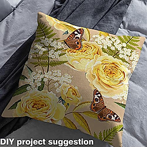 Rose Fabric by The Yard, Butterfly Floral Upholstery Fabric, Romantic Retro Decor Fabric, Botanical Animal Indoor Outdoor Fabric, Elderberry Fern Leaves Waterproof Fabric, Yellow Green, 2 Yards