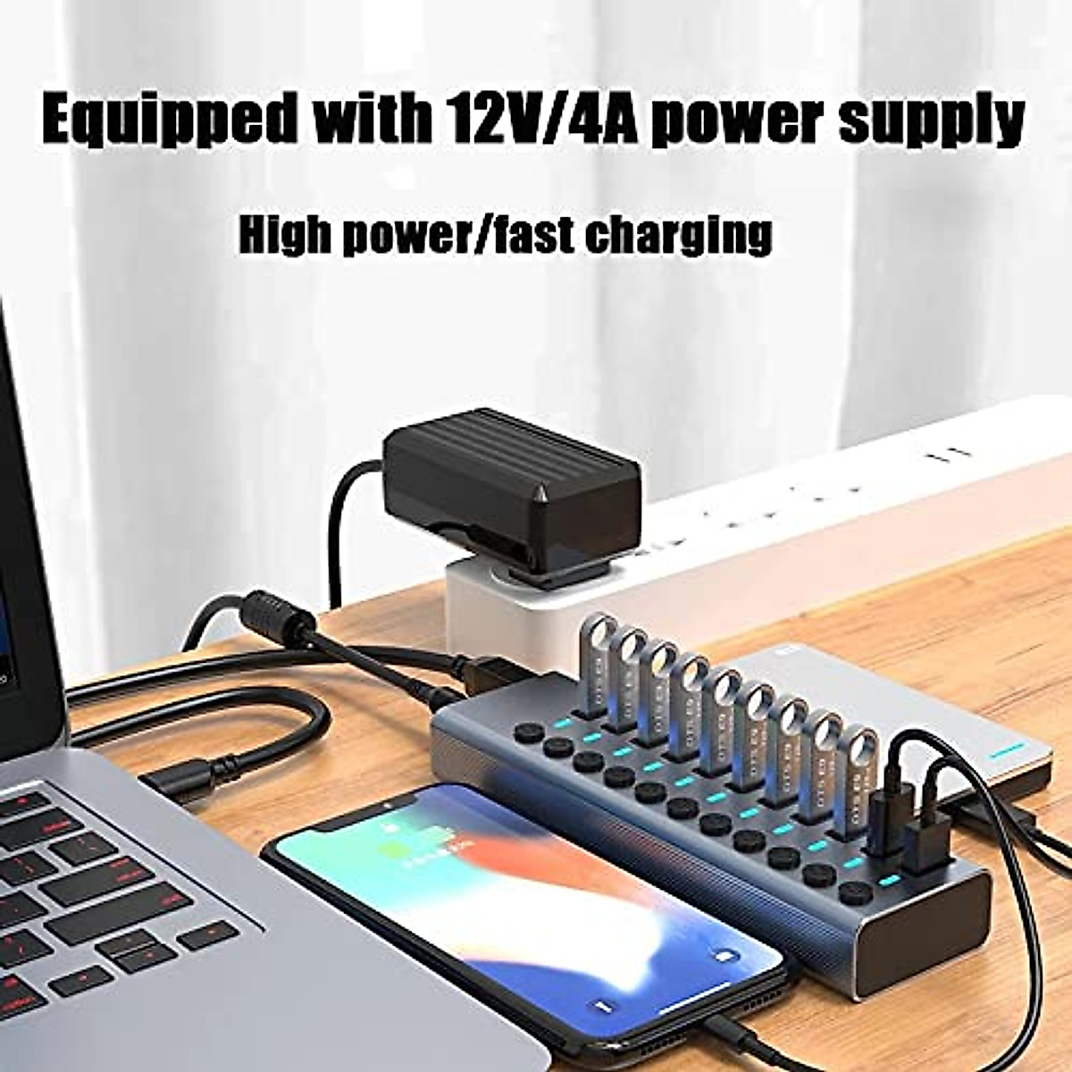 SHYPT Aluminum Alloy 11-Port USB3.0 Splitter 10 Port Computer Extended USB HUB 1 Port Fast Charging External 12V4A Power Supply