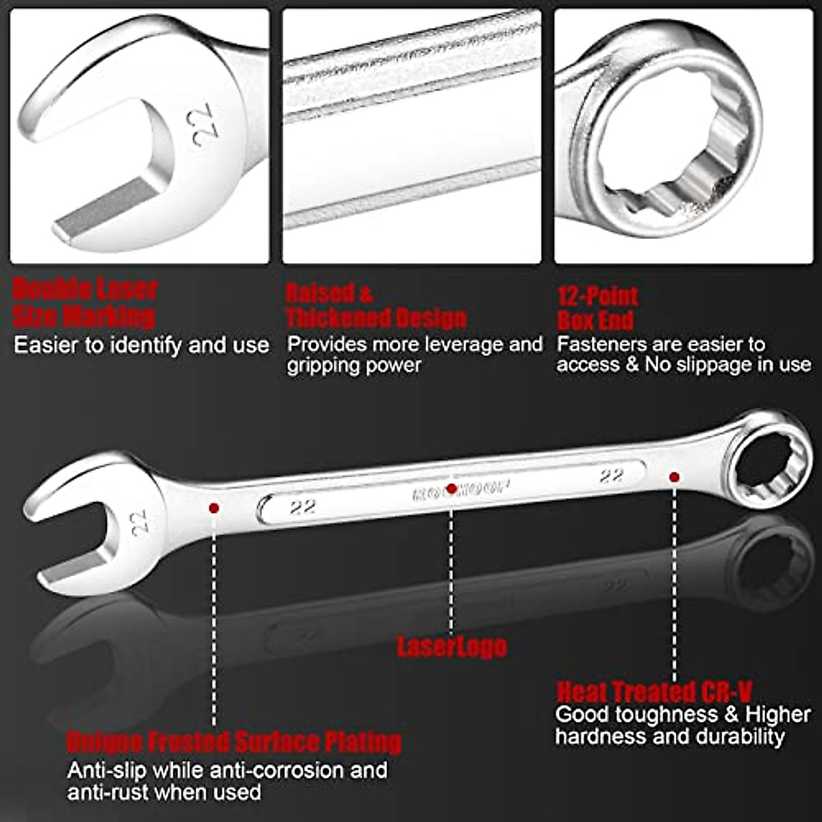 ROCHOOF Combination Wrench Set,33-Piece Chrome Vanadium Steel Wrench Set 12-Point SAE & Metric Wrenches 1/4"-1" and 6-22mm with Rolling Pouch
