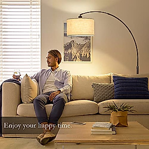 Arc Floor Lamp with Unique Hanging Drum Shade for Living Room - Marble Modern Standing Lamps Adjustable Height, Contemporary Over the Couch Hanging Arching Tall Stand Up Light for Bedroom Office Black