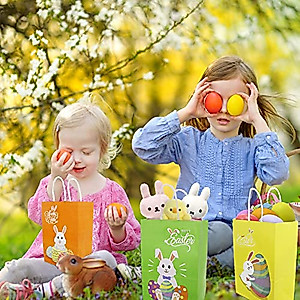 16Pcs Easter Gift Bags Bunny Paper Treat Bags with Handle Easter Egg Hunts Party Favors Cookie Candy Gift Wrapping, 4 Styles Easter Basket