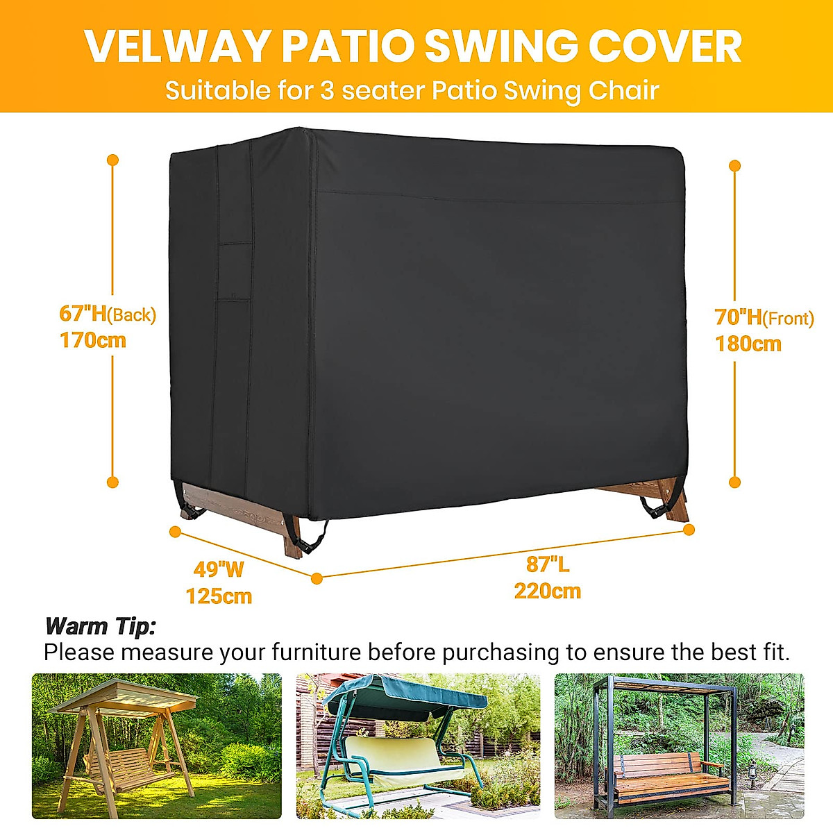 Velway Outdoor Swing Cover 3 Triple Seater Waterproof Patio Hammock Cover 87x49x70 All Weather Windproof Glider Chair Cover for Garden Furniture, Black