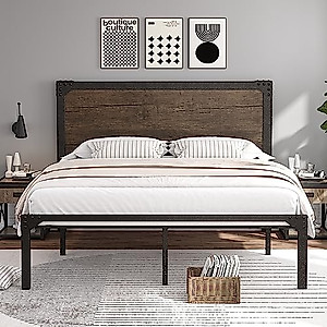 WEEWAY Queen Size Metal Platform Bed Frame with Wood Headboard, Industrial Rivets Design, Large Under Bed Storage, Mattress Foundation, No Box Spring Needed, Brown