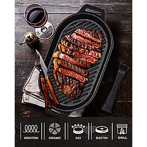 Cast Iron Grill Plate Oval,Cast Iron Cookware with Removable Handle,Cast Iron Steak Plate Sizzle Griddle,Pre-Seasoned Cast Iron Oven Grilling Pan