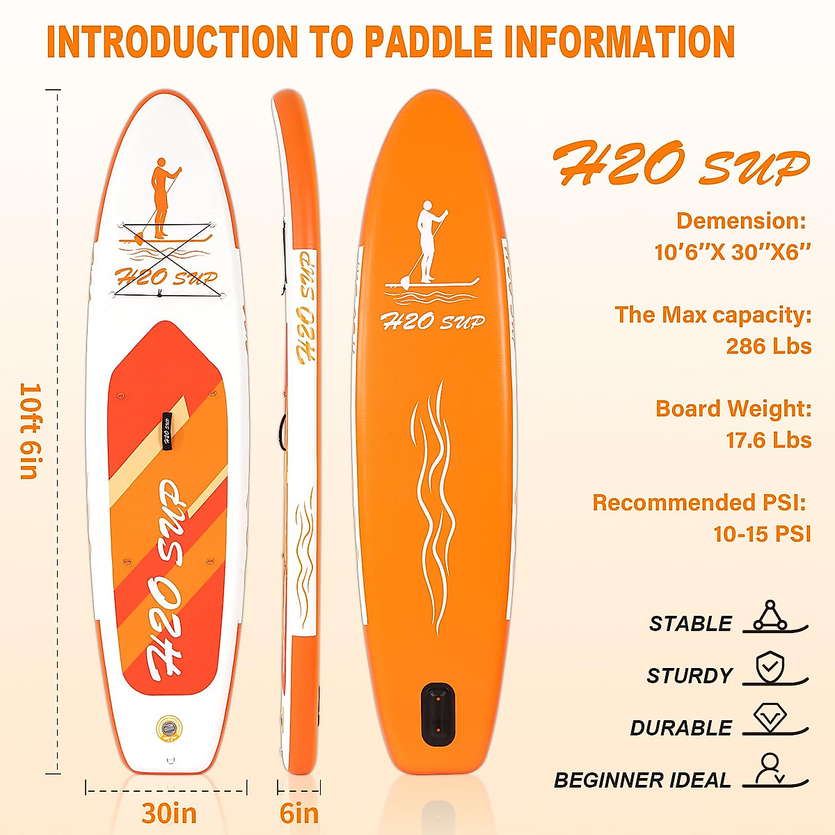 H2OSUP Inflatable Paddle-boards 10'6''/126'' x 30'' x 6'' White-Orange, Ultra-Light, Wide Stable Design, Non-Slip Deck for Surfing, Paddleboarding, Yoga, Touring