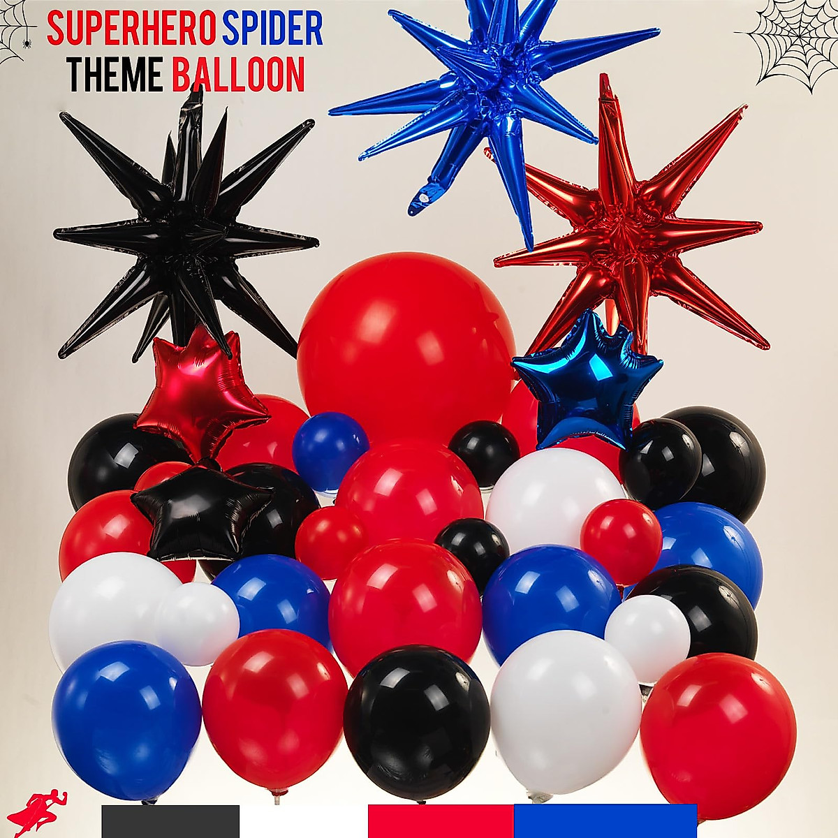 Blue Red Black white Balloon Garland Arch Kit 140PCS with Large Starburst mylar balloons for Spider Theme boy birthday Party Man Superhero inspired decorations
