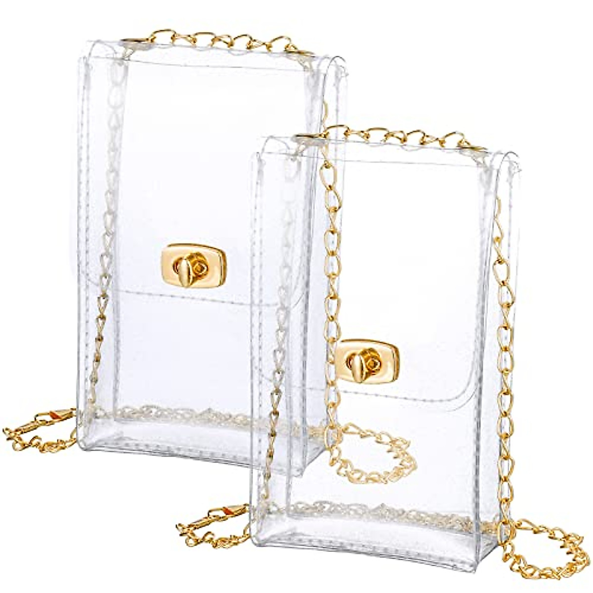 2 Pcs Clear Bag Stadium Approved Small Clear Purses PVC Plastic Bag for Women Girls Men Sporting Concert (Gold Glitter, Simple Style)