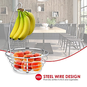 Home Basics Chrome Plated Steel Fruit Tree Basket Bowl with Banana Hanger, Free Standing, Rust Resistant, Silver